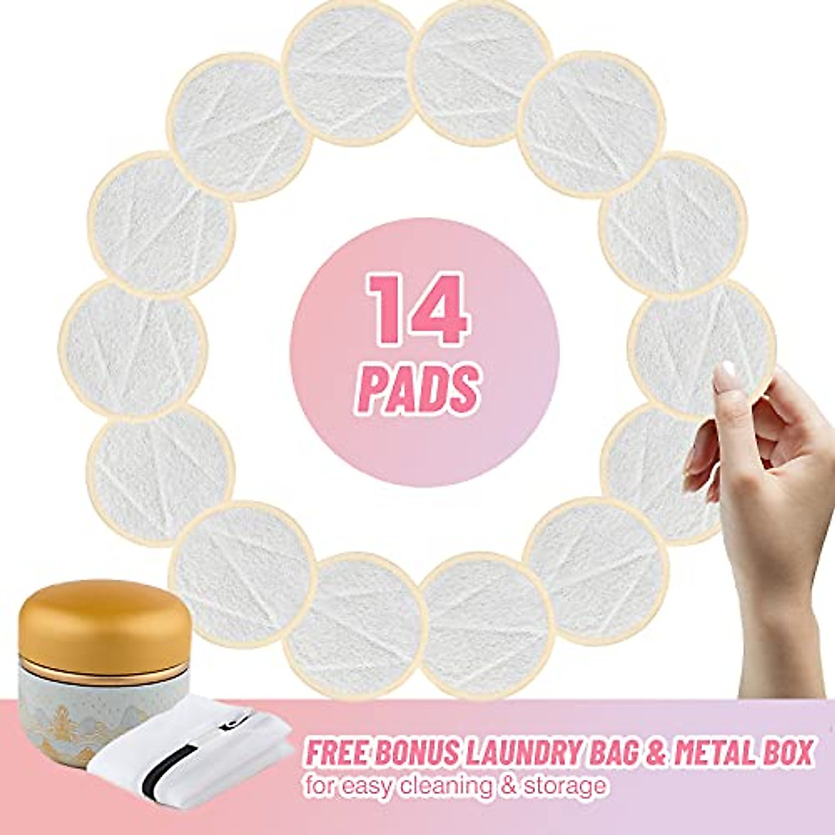 Veemos Reusable Cotton Rounds,14 Pieces Dual Sided Makeup Remover Pads with Washable Laundry Bag & Storage Box,Eco Friendly Bamboo Cotton Pads (Cream)