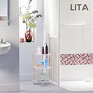 LITA Modern Wood Side Table, Triangular Accent End Table Plant Night Stand with Magazine Storage for Bedroom, Living Room, Bathroom, White, 3- Tier