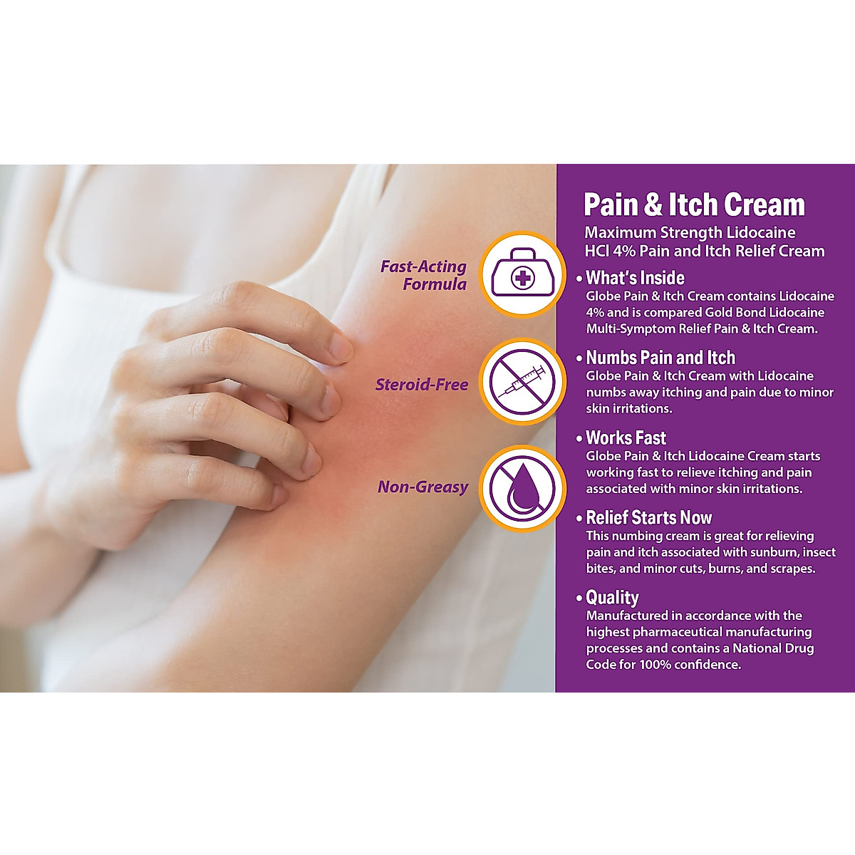 Globe Lidocaine 4% Multi-Symptom Relief Cream 1.75 oz, Numbs Away Pain & Itch, Steroid Free Non-Greasy Formula (Compare to Gold Bond w/Lidocaine)