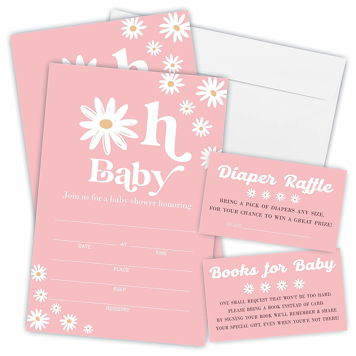 JCVUK Set of 25 Baby Shower Invitations with Envelopes, Diaper Raffle Tickets and Baby Shower Book Request Cards, Boho Hippy Floral Daisy Theme Gender Reveal Party For Boys or Girls(YQKTZ-A07)