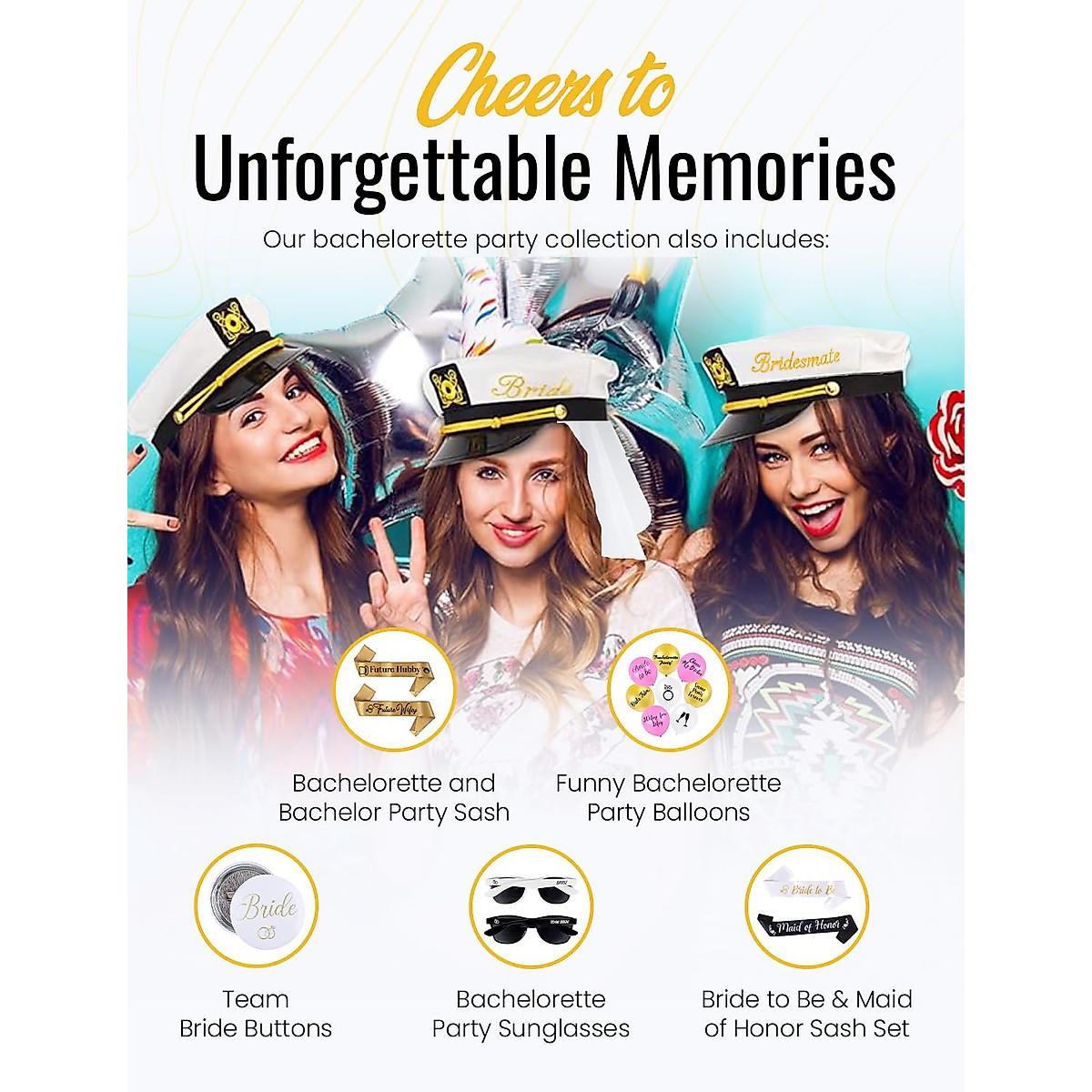 Bachelorette Party Captain's Hat - Cute Bride to Be Nautical Bachelorette Hat | Fun Bridal Shower Accessories Decor Wedding (with Veil) White