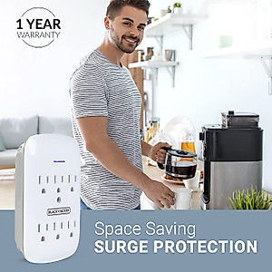 BLACK+DECKER Surge Protector Wall Mount with 6 Grounded Outlets, 2 Pack, White - Compact Power Adapter Tap with Indicator Light, Automatic Shutdown - 3-Prong Power Outlet Plug for Bathroom, Bedroom