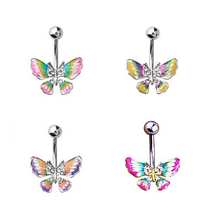 blue palm jewelry 4 - Assorted Set 14 Gauge 3/8 Inch 316L Surgical Steel Barbell Belly Button Navel Rings Dangles Butterfly CZ B631 Color Yellow Purple Pink Green