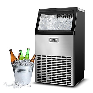 Erivess 120lbs/24H Commercial Ice Maker Machine, 48 Cubes/11mins Stainless Steel Under Counter ice Machine with 33lbs Ice Storage Capacity, Self-Clean Freestanding Ice Maker