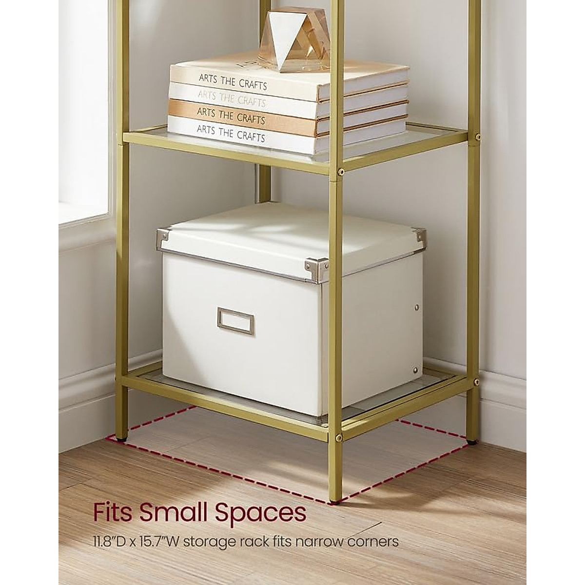 VASAGLE Bookcase, 6-Tier Bookshelf, Slim Shelving Unit for Bedroom, Bathroom, Home Office, Tempered Glass, Steel Frame, Gold Color ULGT500A01