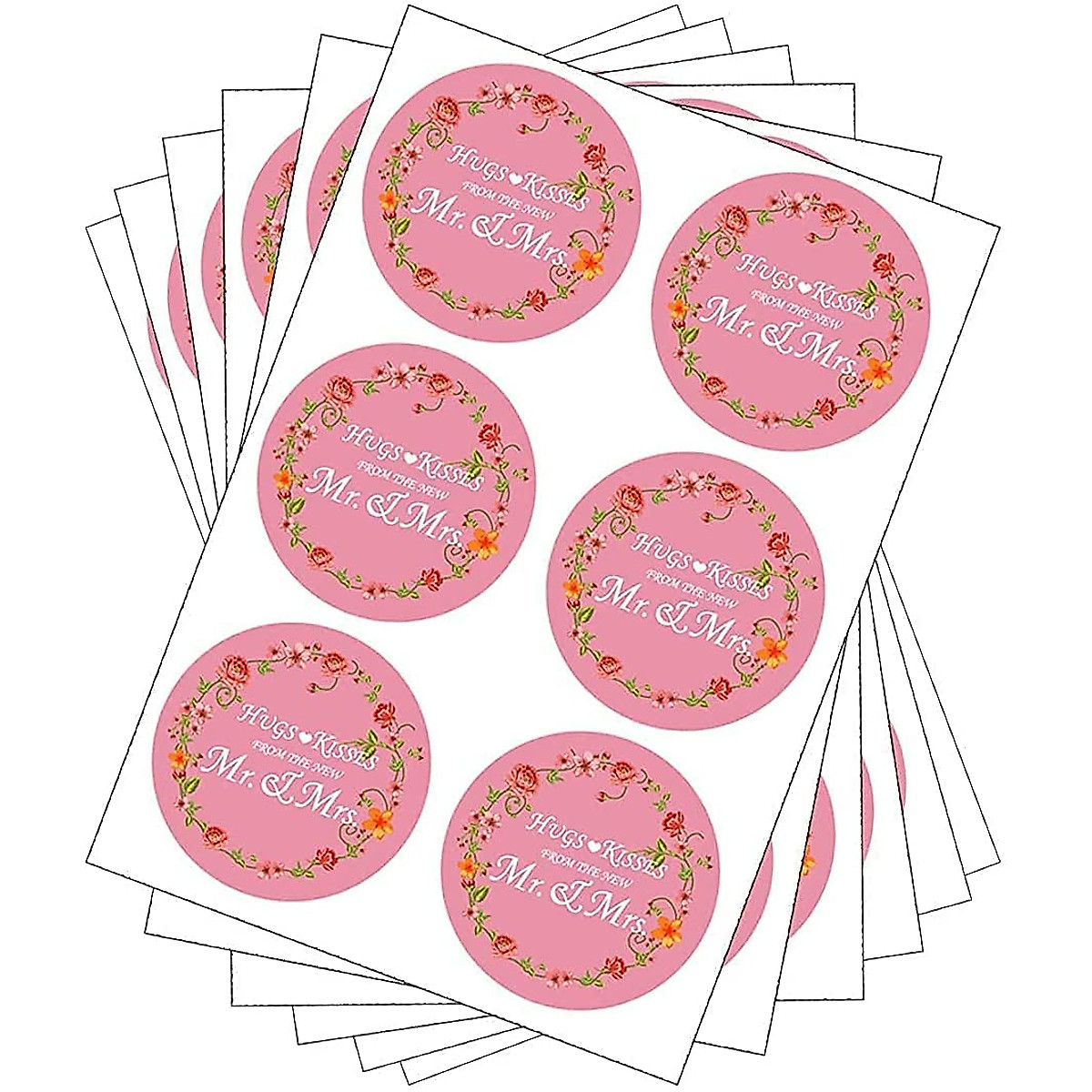 210PCS Hugs and Kisses from The New Mr and Mrs Stickers,2 Inch Round Pink Floral Party Wedding Craft Labels for Wedding Favour, Gift Bags,Envelopes and Candy Cookie Package