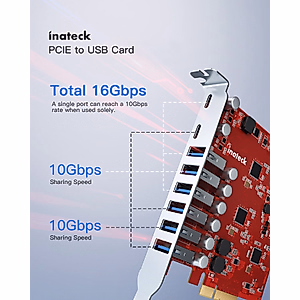 Inateck PCIe to USB 3.2 Gen 2 Extension Card with 16 Gbps Bandwidth, 6 USB Type-A and 2 USB Type-C Ports, RedComets U22