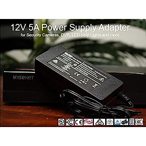 SOLTECH 12V 5A CCTV Adapter, Wisenet Compatible Security Camera Power Supply with 8-Way Splitter, AC DC Converter 100-240V to 12V 5A 60W Transformer, with Samsung Wisenet, Night Owl, Q-See, Black