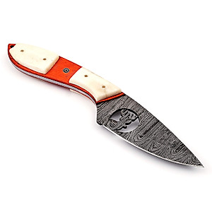 TMBrands Damascus Hunting Knife, Fixed Blade Knife, Camping Knife & Gift Knives with Rose Wood & Bone Handle & Leather Knife Sheath