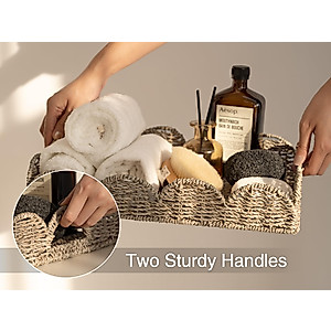 StorageWorks Scalloped Tray, Wicker Rattan Serving Tray with Handles, Woven Rectangle Seagrass Tray, Scalloped Basket Table Décor Trays, Rattan Basket Tray for Ottoman Decorative and Organizer Trays