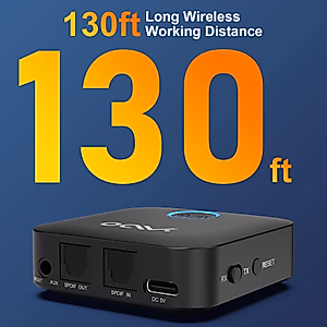 YMOO Optical Bluetooth 5.3 Transmitter Receiver for Speaker/TV/Bluetooth Headphones, 3.5mm Jack AUX Bluetooth Audio Adapter for Airplane, AptX Low Latency,130ft Range for Tablet/Smartphone,Dual Link