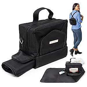 Small Crossbody Diaper Changing Bag with Portable Baby Changing Pad, Front Wipes Pocket Opening, Shoulder & Stroller Straps Included (Black Nylon)