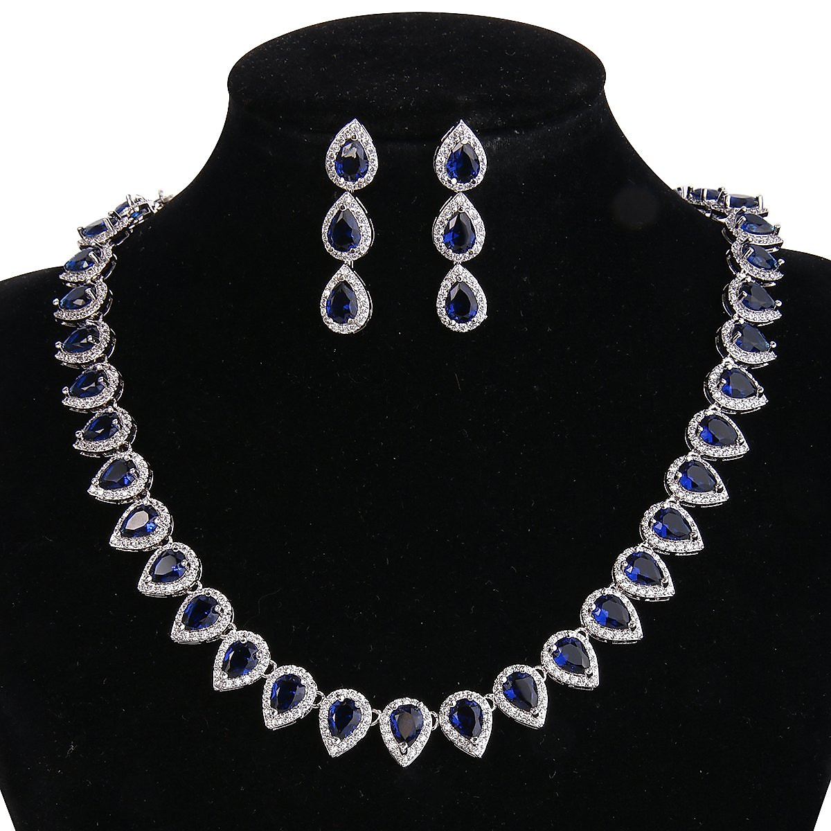 EleQueen Women's Silver-Tone Full Prong Cubic Zirconia Teardrop Bridal Necklace Earrings Set Sapphire Color