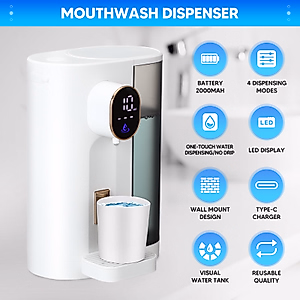 DeeWaves Automatic Mouthwash Dispenser for Bathroom,20.29 Fl Oz Smart MouthWash Dispenser for Kids and Adult with Magnetic Cups, 4 Dispensing Levels,LED Screen,Wall Mounted Dispenser,USB Rechargeable