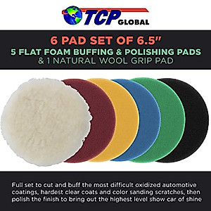 TCP Global 6.5" Flat Foam Dual Action Pad Set, 5 Levels of Foam Pads & 1 Natural Wool Grip Pads - High Performance Brand - Buff, Polish & Detail Car Auto Paint - Boat Gelcoat, Fiberglass Polisher Pads