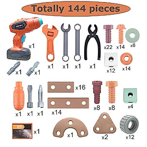 Kids Tools Set, SWGIEEI 144 PCS Toddler Tool Box with Tools & Electronic Toy Drill, Pretend Play Toddler Tolls, Toy Tools for Kids Boys Girls Ages 3,4,5,6,7,8 Years Old