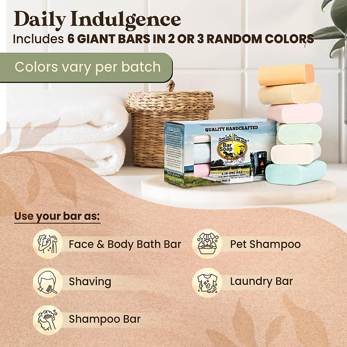 Amish Farms Bar Soap w/All Natural Bentonite Clay (6 Bars) Made in USA, Vegan Moisturizing for Sensitive Skin | Women & Mens Face & Body Bar Bath Soap for Shower | Clean Scent | 5oz Each