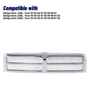 JustDrivably Replacement Parts Front Grille Grill Assembly With Chrome Shell Frame With Chrome Honeycomb Insert Compatible With Dodge Ram 1500 1994-2001 Ram 2500 3500 1994-2002 Pickup Truck