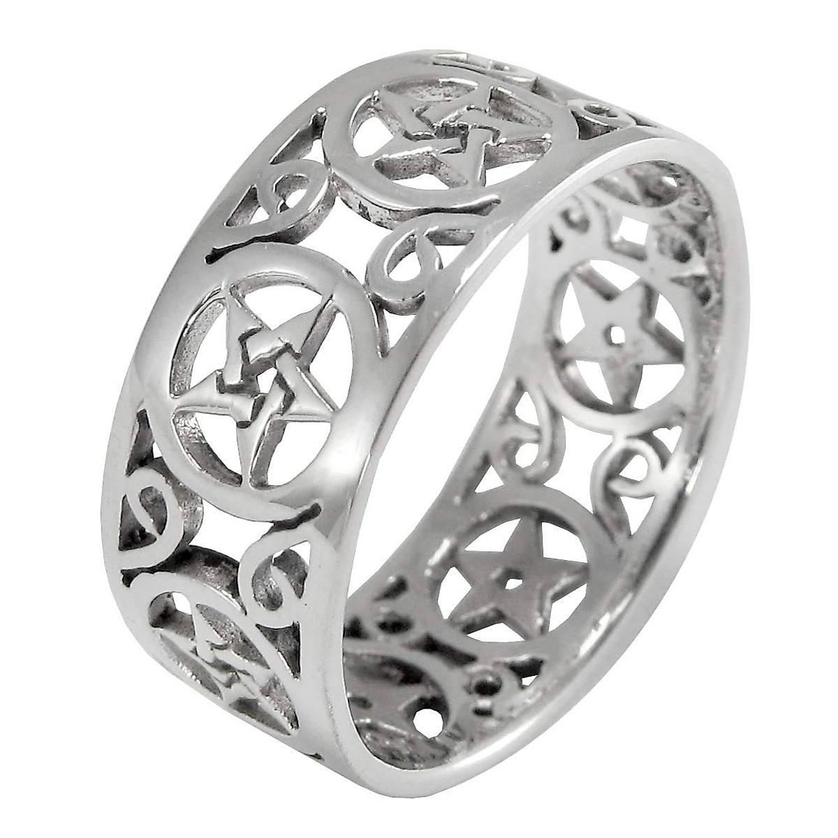 Moonlight Mysteries Sterling Silver Wide Filigree Pentacle Band Ring Size 12