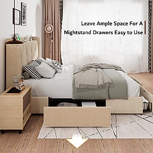iPormis Queen Bed Frame with 4 Storage Drawers, Upholstered Platform Bed Frame with Charging Station, Modern Wingback Storage Headboard, Easy Assembly, Beige