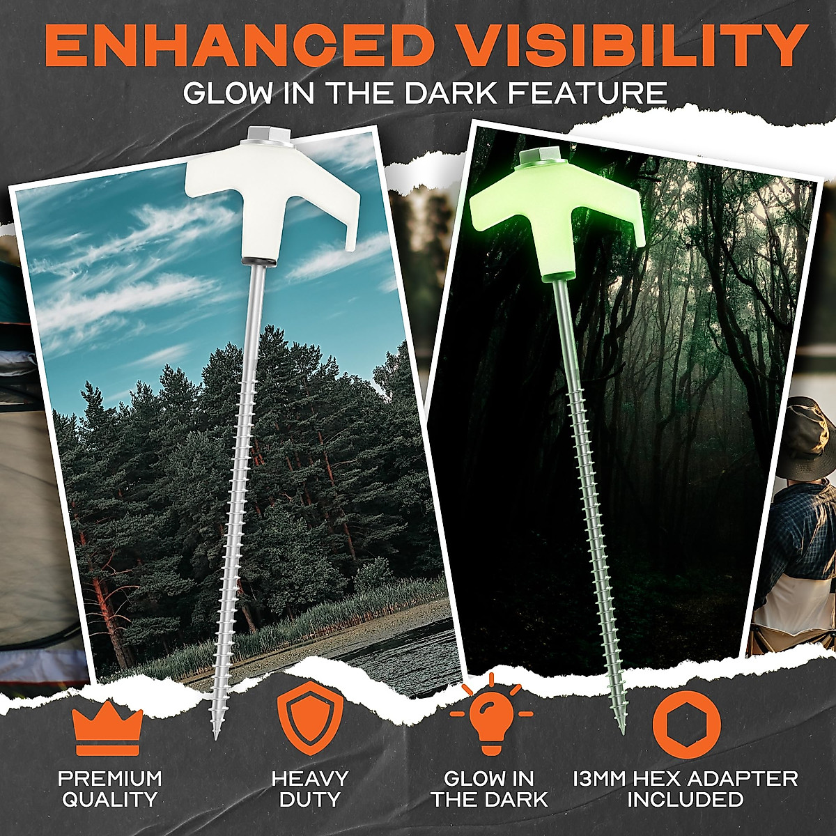 15 Pack 8" Heavy Duty Threaded Tent Stakes - Drill in Style Ground Anchor Screw in Pegs - Replace Bulky Canopy Weights - Comes with Hex Head Driver and Convenient Storage Bag Included