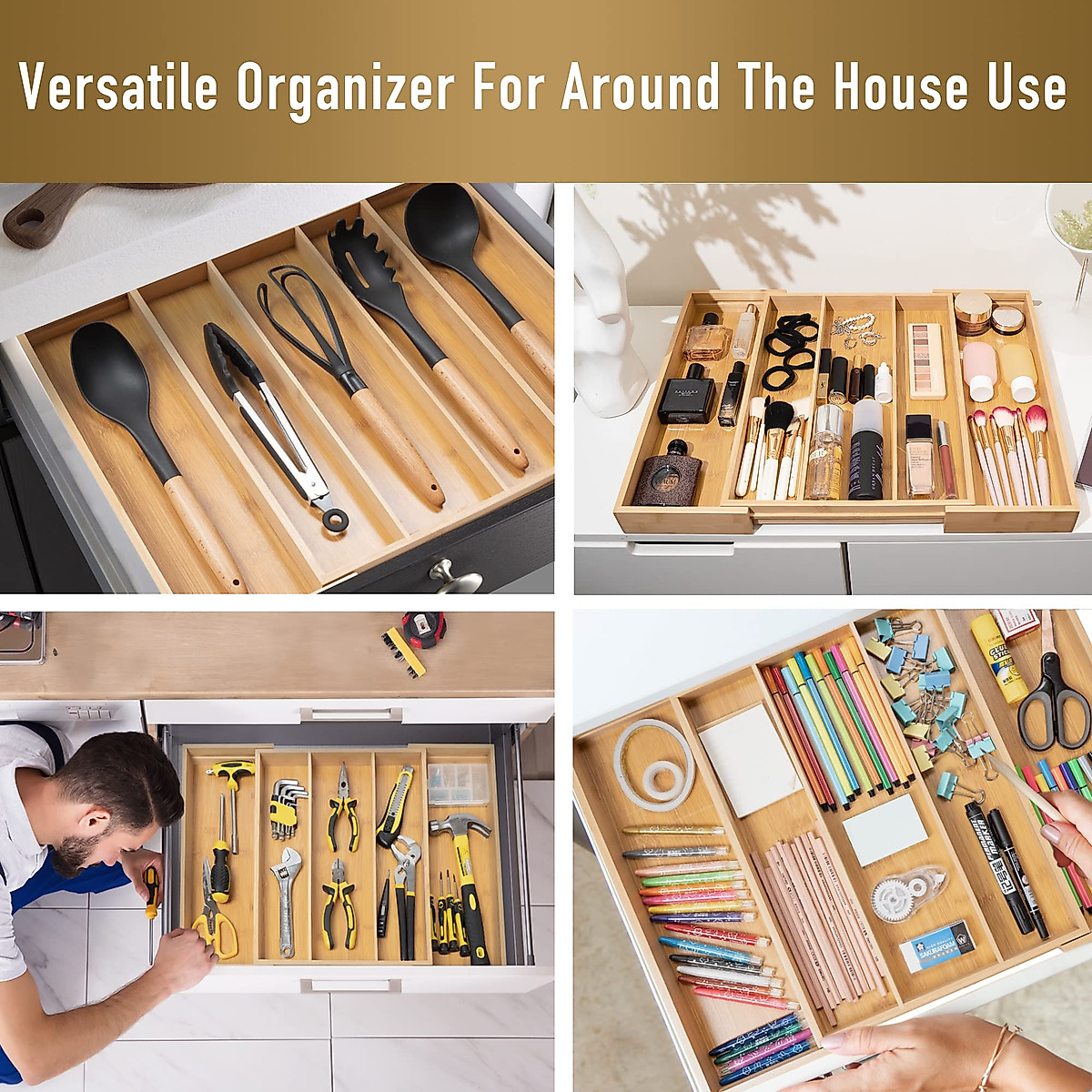 Besilord Silverware Organizer Expandable Kitchen Drawer Organizer Bambooo Utensil Organizer Silverware Tray for Drawer Flatware Cutlery Organizer