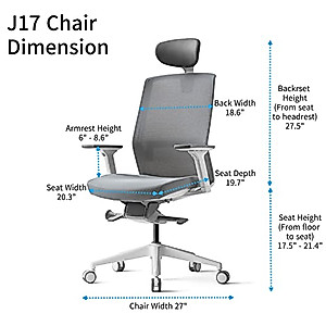 BESTUHL J17 Home Office Desk Chair - Ergonomic, High Back, 3 Lockable Recline Positions, 3-Way Armrest, Adjustable Seat Depth & Lumbar Support, Breathable Mesh Back (White and Grey)