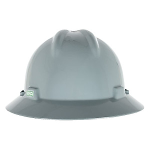 MSA 454731 V-Gard Full-Brim Hard Hat with Staz-on Pinlock Suspension | Polyethylene Shell, Superior Impact Protection, Self Adjusting Crown Straps - Standard Size in Gray