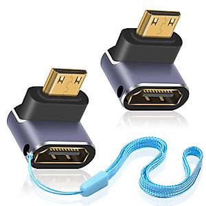 Duttek 8K Mini HDMI to HDMI Adapter, 48Gbps HDMI to Mini HDMI Extender Adapter, Down Angled Mini HDMI Male to HDMI Female Converter with LED Working Indicator Lamp, for Camera, Camcorder (2 Pack)