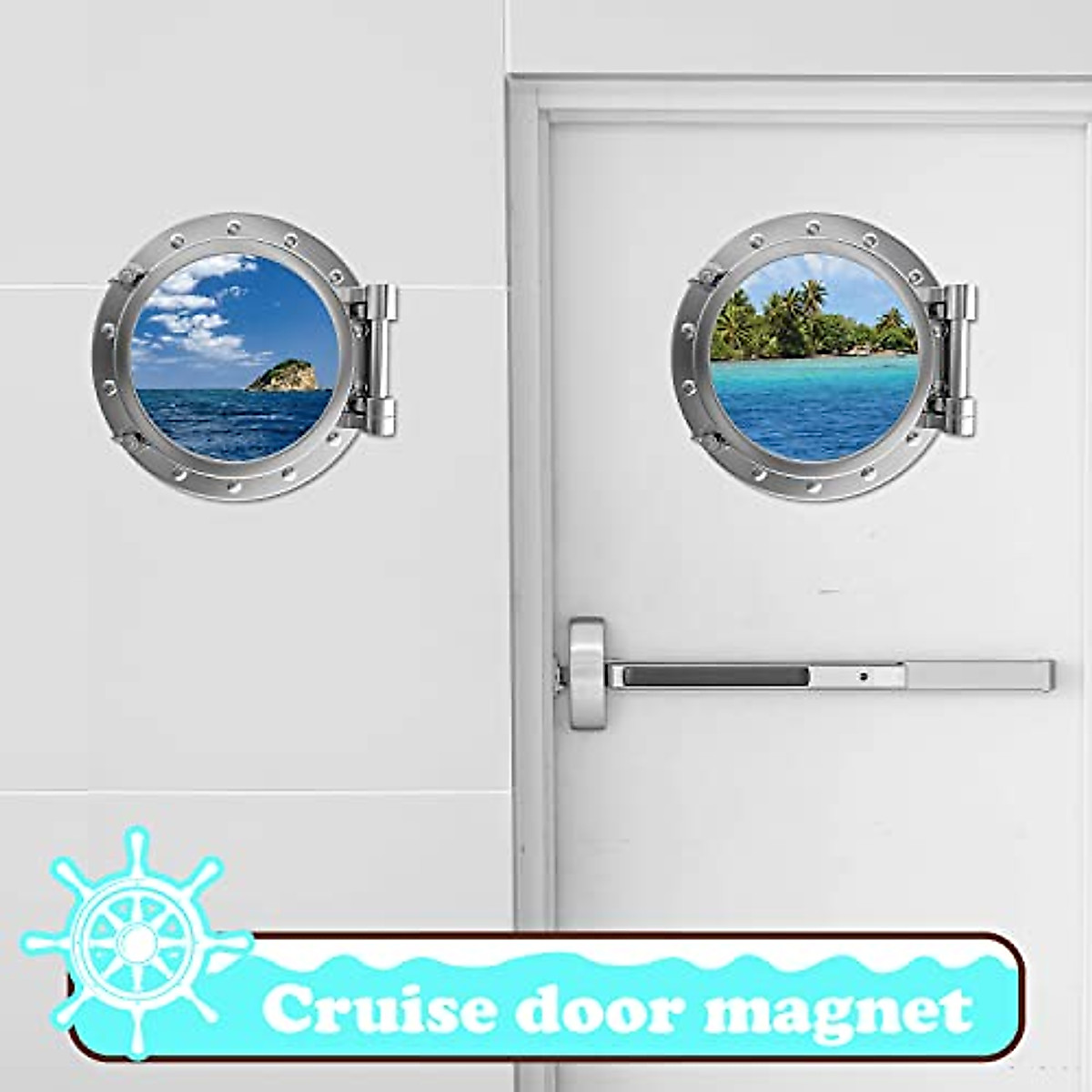 2 Pcs Cruise Door Decorations, Porthole Cruise Door Magnets 10 '' Set Palm Tree Cruise Dolphin Turtle The Sea Nature Scenery Fridge Decor for Carnival Cruise Car
