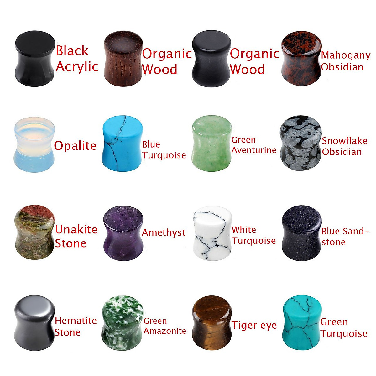 PiercingJ Acrylic Wood Mixed Stone Plugs 16 Pairs/32 Pieces Set Ear Plugs Ear Tunnels Ear Gauges Double Flared Ear Expander Stretcher Set