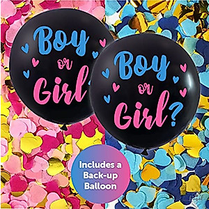 5Pc Premium Jumbo 36 Inch Baby Gender Reveal Balloon Kit | Big Black Balloons with Pink and Blue Heart Shape Confetti | Baby Shower Party Supplies Pack, Gender Reveal Decorations for Boy or Girl