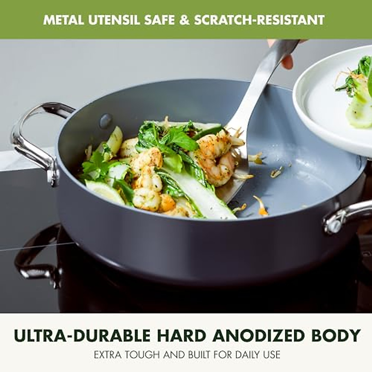 GreenPan Valencia Pro Hard Anodized Healthy Ceramic Nonstick 3.8 Quart Sauteuse Pan with 2 Handles and Lid, PFAS-Free, Induction, Dishwasher Safe, Oven Safe, Gray