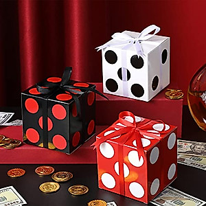 24 Pack Casino Party Dice Favor Box 4 x 4 x 4 Inch Casino Party Decoration Casino Themed Party Goodie Boxes Gable Boxes Gift Boxes with Ribbon for Birthday Party Casino Night Supplies, Black Red White