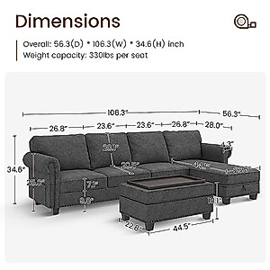 Nolany Convertible Sectional Sofa Couch, L Shaped Couch with Storage Ottoman Reversible Sofa with Chaise Small Sectional Couches for Living Room Set, Dark Grey