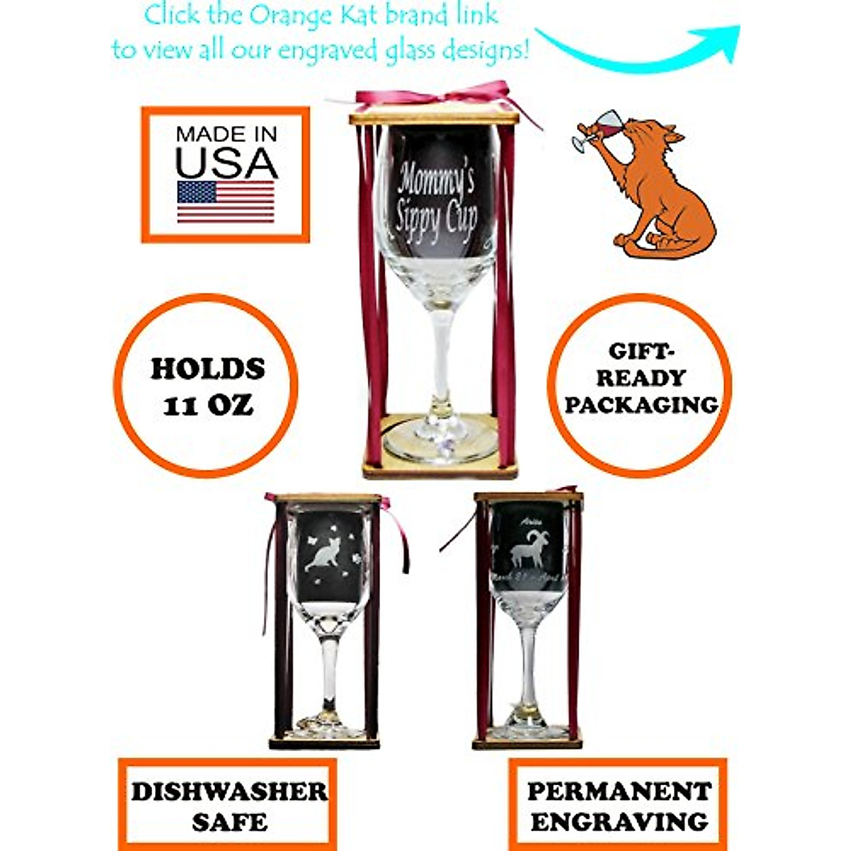 Orange Kat Mommy's Sippy Cup Stemmed Wine Glass with Charm and Presentation Packaging