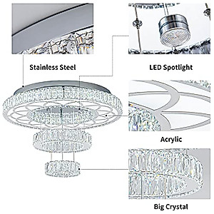 Zswanbei 21" Crystal Ceiling Lamp 3 Ring Large Modern LED Chandelier Acrylic Adjustable Pendant Light Fixtures for Dining Room Living Room Girls Bedroom (Cool White)