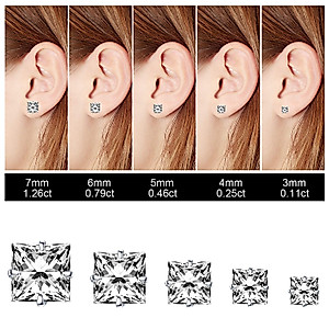 Cubic Zirconia Stud Earrings Princess Cut Square CZ Hypoallergenic 316L Surgical Steel Helix Earrings for Women Men 5 Pairs (C)