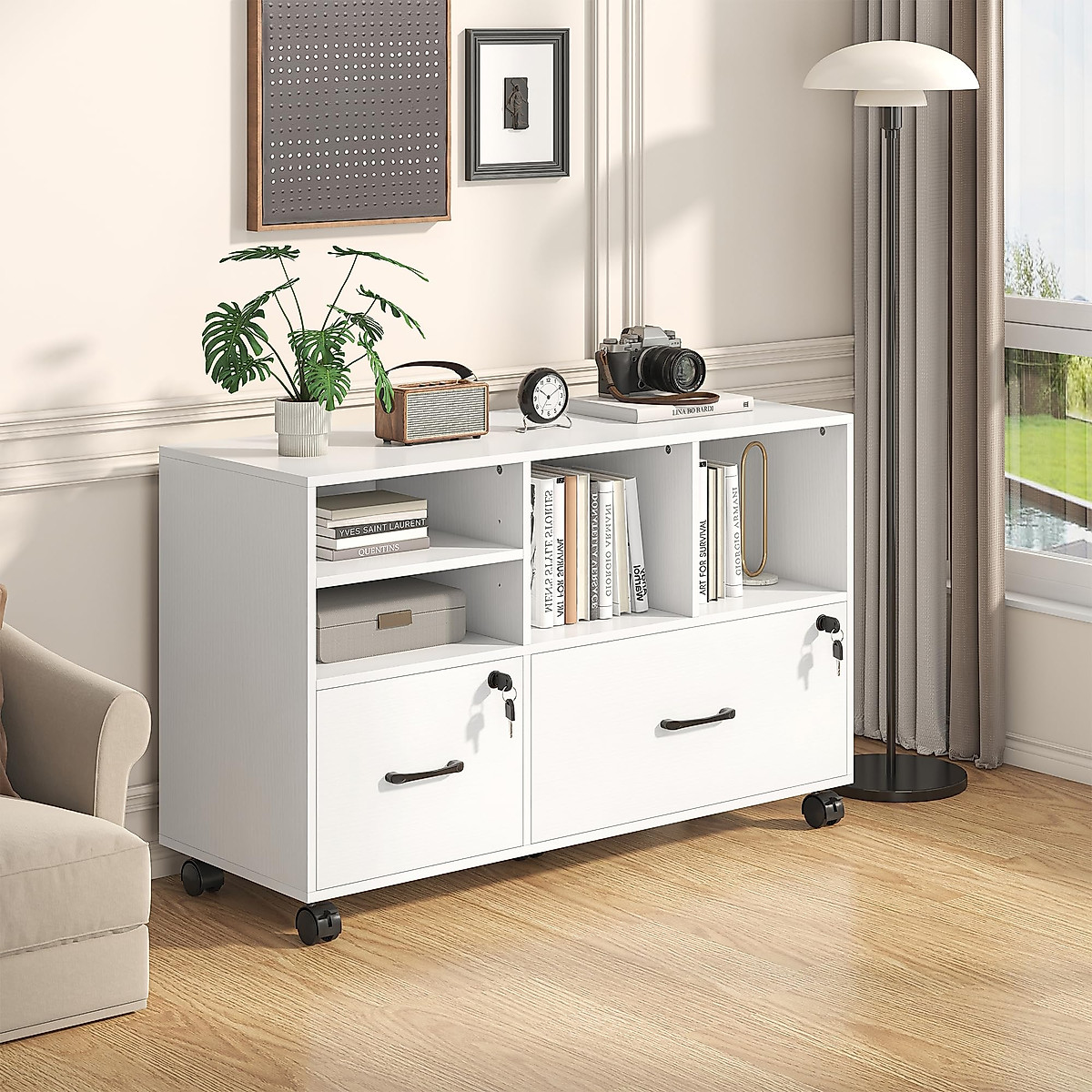 Semoic 2 Drawer Wood Lateral File Cabinet with Lock, Lockable Rolling Filing Cabinet with Open Storage Shelves, Printer Stand Office Storage Cabinet for Home Office Fits Files Legal/A4 Size, White