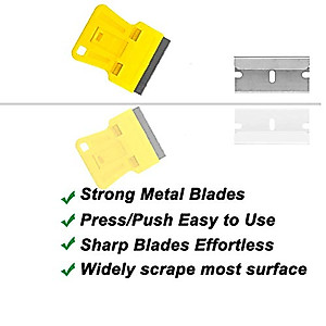 WEKOIL Mini Plastic Razor Blade Scraper High Visibility Bright Yellow Window Scraper Paint Scraper with 5 Spare Metal Razor Scraper Blades Stove Top Scraper Scraping Sticker Decal Residue Label