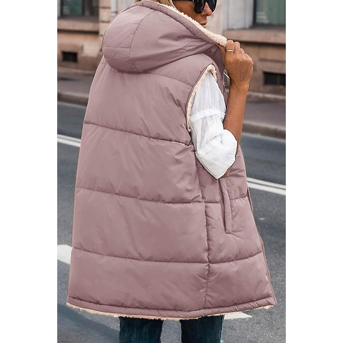 PRETTYGARDEN Womens 2024 Fall Reversible Vests Sleeveless Fleece Jacket Zip Up Hoodie Pockets Long Warm Winter Coat Outerwear (Bean Paste Pink,Medium)