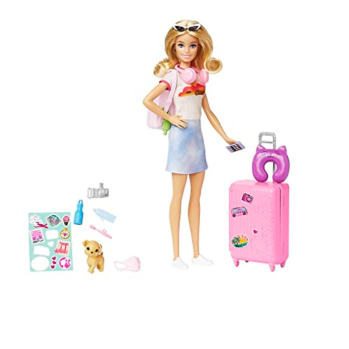 Barbie Doll & Accessories, Travel Set with Puppy and 10+ Pieces, Suitcase Opens & Closes, Malibu Doll with Blonde Hair