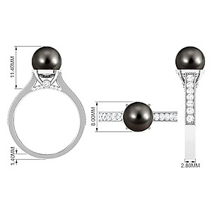 Rosec Jewels Real Tahitian Pearl Solitaire Ring with Diamond, 9 cttw, Aaa Quality, 14K White Gold, Size:US 9.00