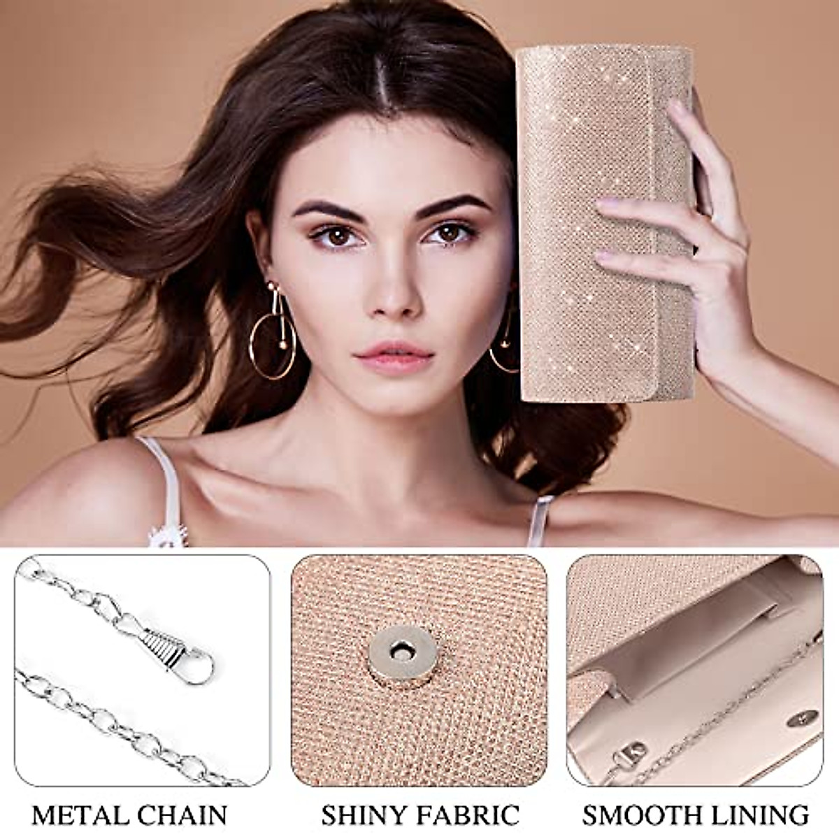 Kajaia 2 Pieces Evening Formal Purses for Women Shiny Clutch Purses Glitter Handbags with Chain Envelope Purses for Wedding Party (Gold, Rose Gold)