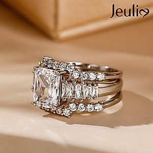 Jeulia 3 PC Wedding Ring Set 5.2ct Radiant Cut Moissanite Engagement Ring for Women 925 Sterling Silver Ring Cubic Zirconia Diamond Eternity Bands Anniversary Promise Ring Bridal Set (6)