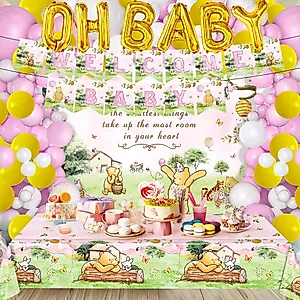 Classic Winnie Backdrop with Balloons Arch Kit for Girls Newborn Baby Shower Pink the Pooh Bear Themed Birthday Party Decorations 5x3ft Photography Background Tablecloth Banner Party Supplies