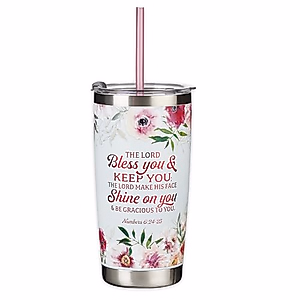 Christian Art Gifts Stainless Steel Double-Wall Vacuum Insulated Tumbler w/Straw & Lid 18 oz Pink Floral Inspirational Bible Verse Travel Mug for Women- Bless You and Keep You -Numbers 6:24-25