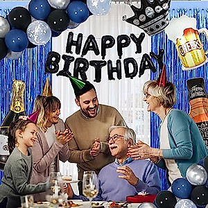 Navy Blue and Black Birthday Decorations for Men Women, Blue and Silver Birthday Party Decorations with Happy Birthday Banner,Fringe Curtains,Happy Birthday Decorations for Boys Girls Party Supplies