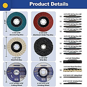 PRVEW 14PCS 4.5"x7/8“ Flap Disc&Grinding Polishing Cutting Wheel Set, 8PC T29 Zirconia&Alumina Flap Disc 40 60 80 120Grit with Grinding and Cutting Wheel, Wool Felt Disc, Strip Disc for Angle Grinder
