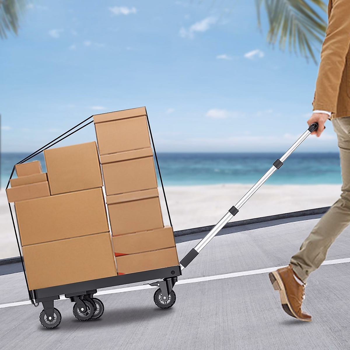 COOWOO Folding Hand Truck, Heavy Duty 600Lbs Luggage Cart, Light Weight Utility Dolly Platform Cart with 7 Wheels(2 with Brake), Handle Lock & 4 Elastic Ropes for Home, Office & Business Use